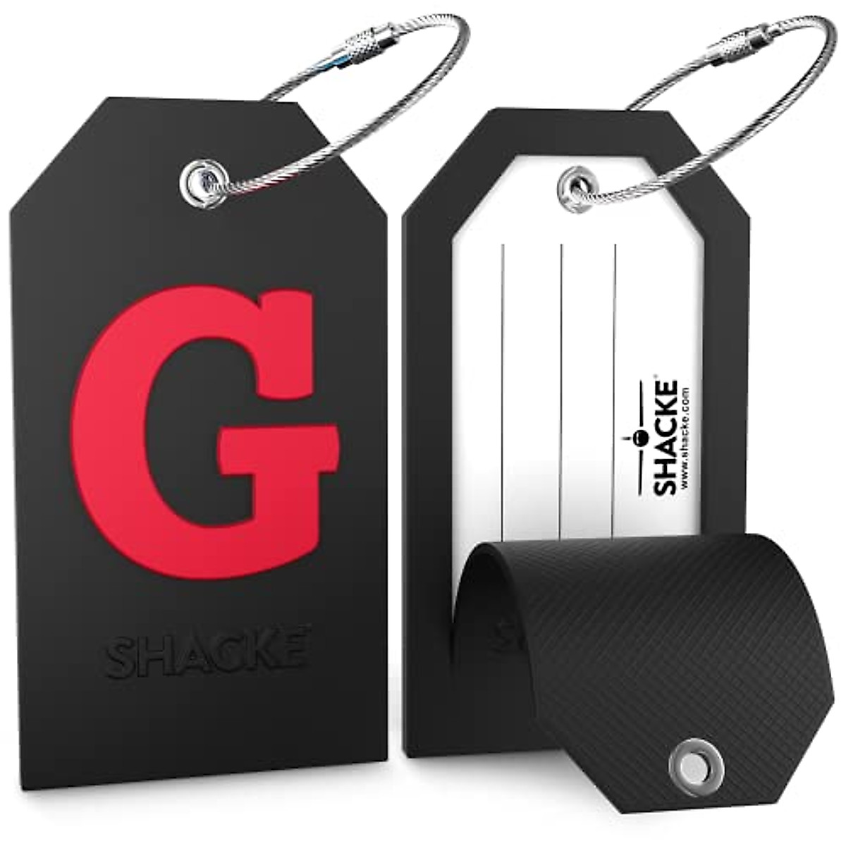 Large Luggage Tag Initial with Full Privacy Cover and Stainless Steel Loop (Black) (G)