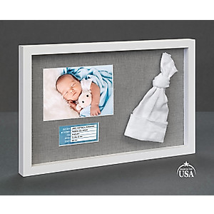 Baby Shadow Box Display Frame for Photo, Printed Graphic Info Insert & Magnet Mounted Keepsakes (Gray Linen Mat, Blank Graphic Info Insert)