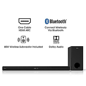 Hisense HS218 2.1ch Sound Bar with Wireless Subwoofer, 200W, Powered by Dolby Audio, Roku TV ready, Bluetooth, HDMI ARC/Optical/AUX/USB, 3 EQ Modes