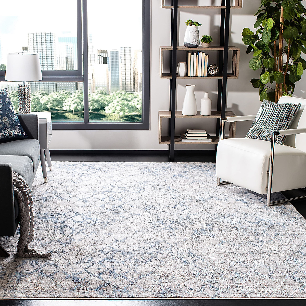 SAFAVIEH Amelia Collection Area Rug - 9' x 12', Light Grey & Blue, Modern Trellis Distressed Design, Non-Shedding & Easy Care, Ideal for High Traffic Areas in Living Room, Bedroom (ALA783G)