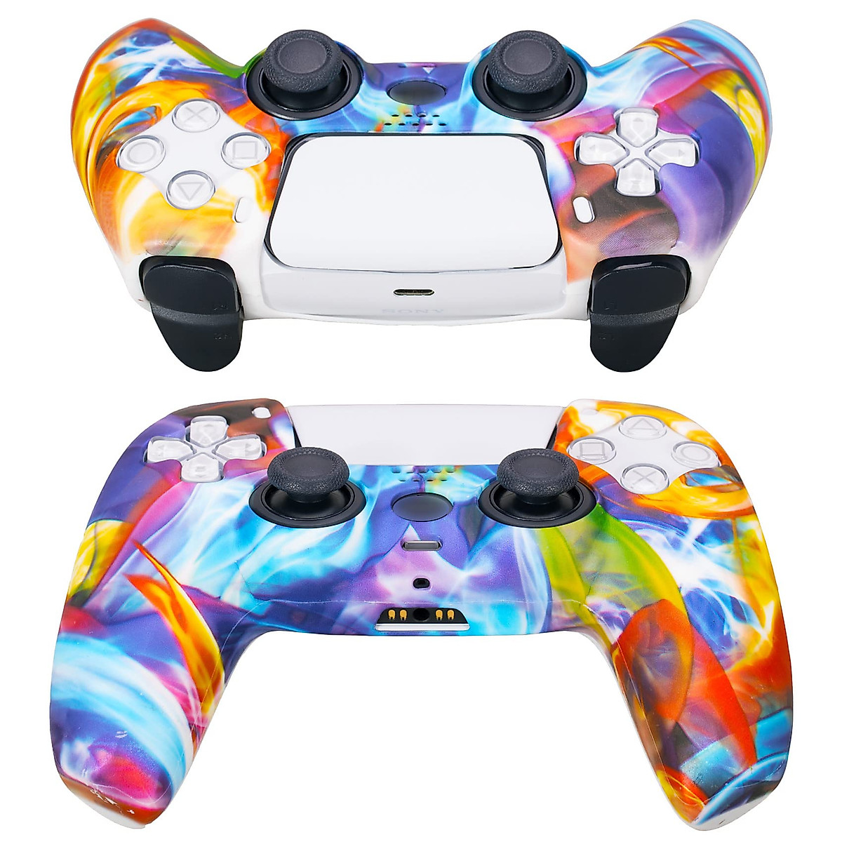 YoRHa Water Transfer Printing Silicone Thickened Cover Skin Case for PS5 Controller x 1(Colorful Stream) with Thumb Grips x 10