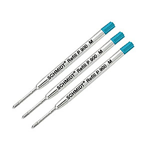 Schmidt P900 Parker Style Ballpoint Pen Refill, Medium Point, Pack of 3, Bulk Packed (Turquoise)