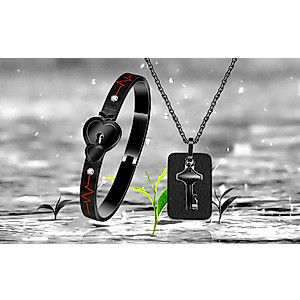 Uloveido Stainless Double Heart Infinity Love Lock Bangle Heartbeat Bracelet and Shield Key Pendant Necklace Couple Set for Men Women Y1891-Black