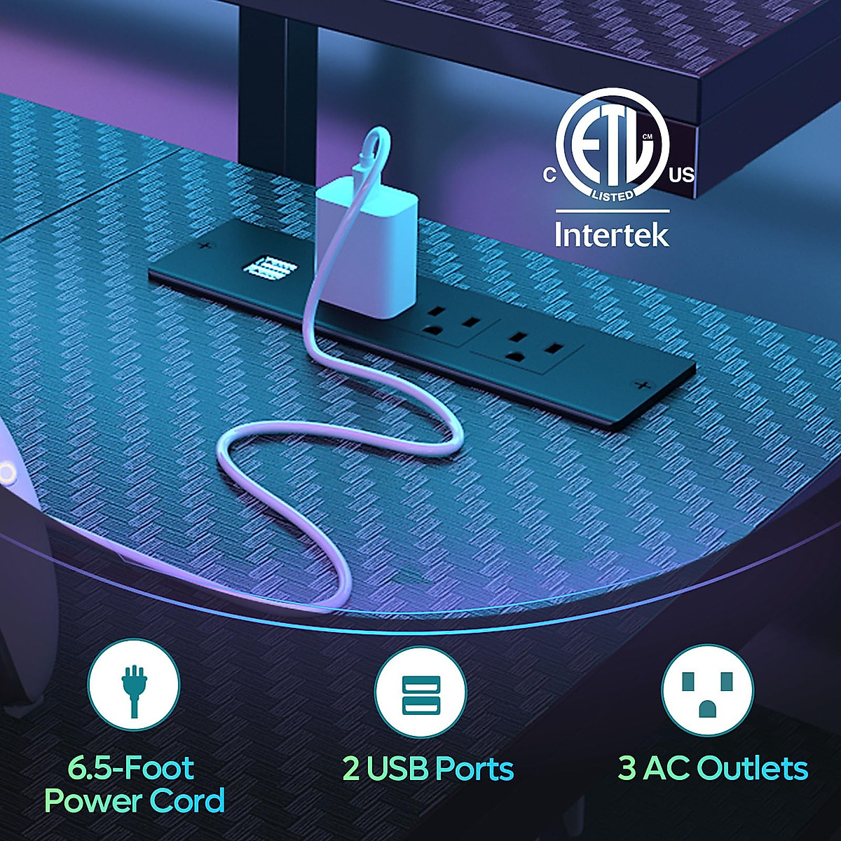 Bestier 55 inch Gaming Desk with Power Outlets & LED Lights, Computer Desk with Monitor Stand & Adjustable Shelves, Home Office Desk with Cup Holder & Hook, Black 3D Carbon Fiber