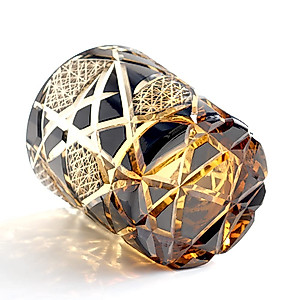 N/C JINZHI Edo Kiriko Old Fashioned Glasses Japanese Style Crystal Amber 8 OZ Black Diamond Cut Glass Cup Tumbler for Vodka Cocktail Whiskey