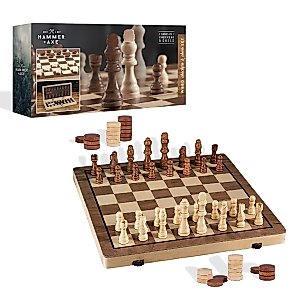 HAMMER + AXE 2-in-1 Checkers & Chess Board Game Set, Premium Quality Wood, Full-Sized Folding Board & Pieces, Portable Travel Activity for Home, Beach, Camping, BBQ, Fun Activity for Kids & Adults