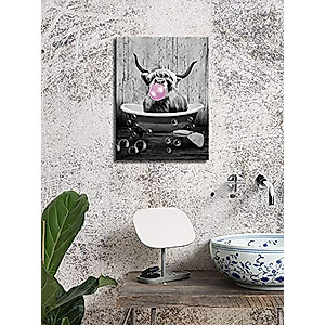 KALAWA Highland Cow Bathroom Pictures Wall Decor Funny Black and White Bathroom Decor Wall Art Pink Bubble Canvas Wall Art Home Decor for Bathroom Bedroom Framed Ready to Hang 12x16 Inch