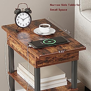 VIMBER End Table with Charging Station, Narrow Side Table with USB Ports and Outlets, Flip Top Bedside Table/Nightstand/Sofa Couch Table for Small Spaces, Living Room, Bedroom, Rustic Brown