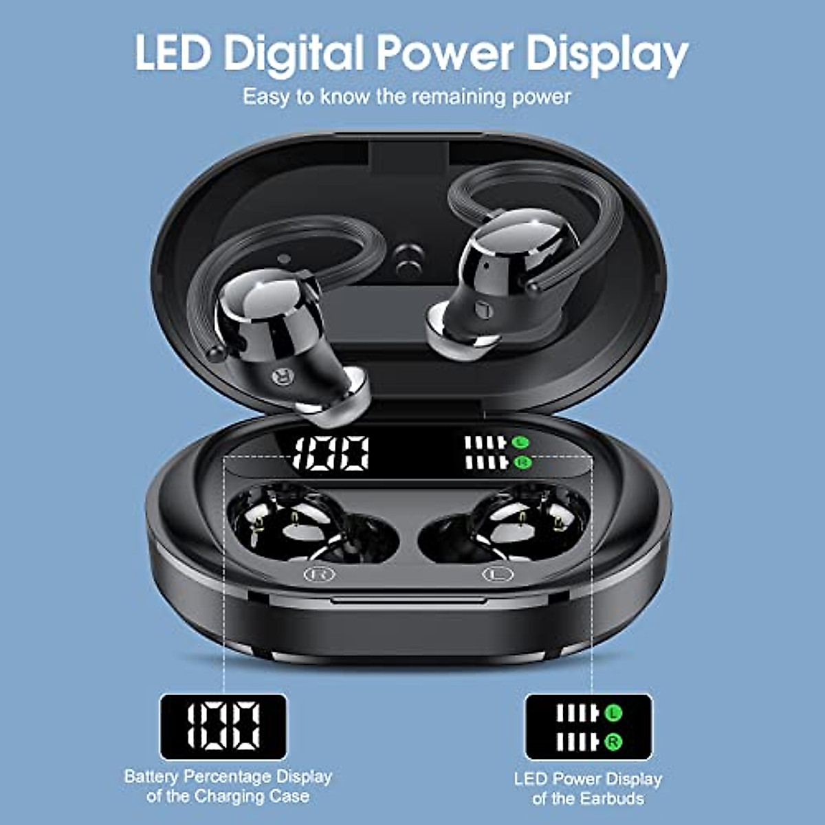 Wireless Earbuds, 2023 New Ultralight Sport Bluetooth 5.3 Headphones In Ear with LED Display, Built-in Mic Earphones, IPX7 Waterproof Wireless Headphones with Earhooks for Gym Workout (Black)