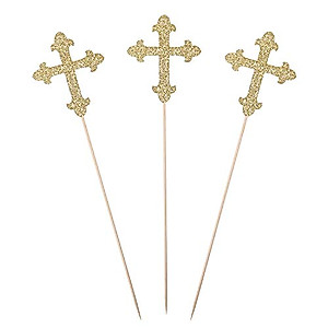 Gold Glitter Cross Centerpiece Sticks for Baptism Christening Party Decorations - Set of 10