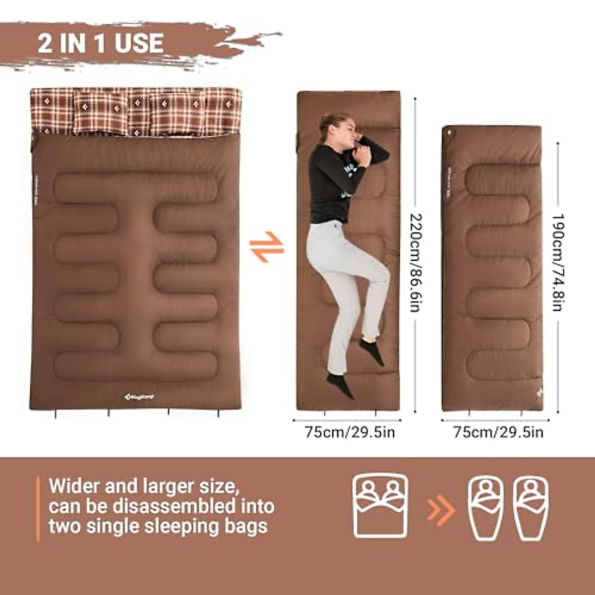 KingCamp Queen Size 2 Person Double Sleeping Bags with Pillows for Adults, 20 Degree Lightweight Backpacking Quilts for Couples Family Camping Hiking and Outdoors, Waterproof