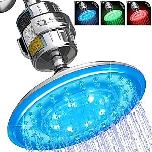 AquaBLU LED Shower Head Large 8” Rainfall + NO BS Shower Filter - 99% REMOVAL Shower Head Filter for Hard Water, Chlorine, Heavy Metals & More - Filtered Shower Head, Showerhead Filter