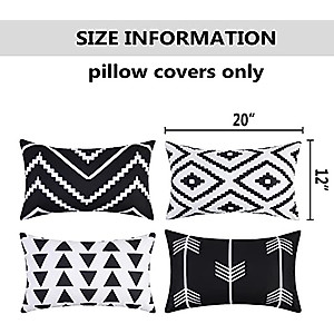 Adabana Set of 4 Outdoor Waterproof Boho Throw Pillow Covers 12x20 Inches,Black and White Geometric Lumbar Pillow Coves Decorative Cushion Cases Outdoor Throw Pillows for Patio Furniture Garden