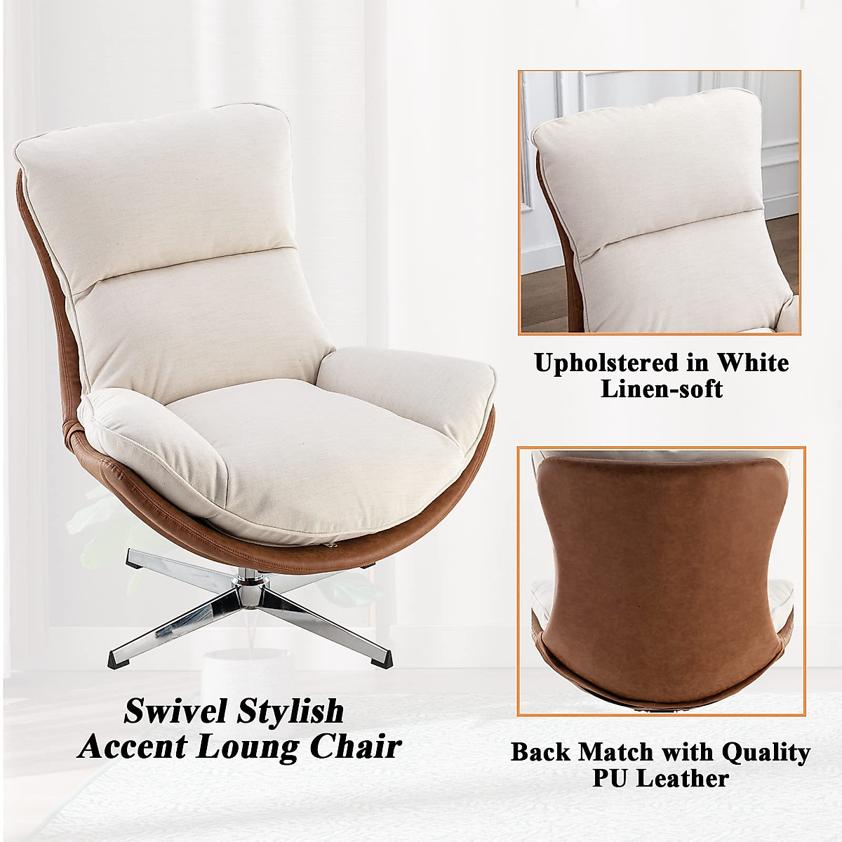 DUOMAY Swivel Accent Chair, Modern Linen Soft Foam Lounge Chair with High Back, Comfy Rocker Chair for Living Room Bedroom Reading Room Office, Tilt & Swivel, Chrome Base, Beige
