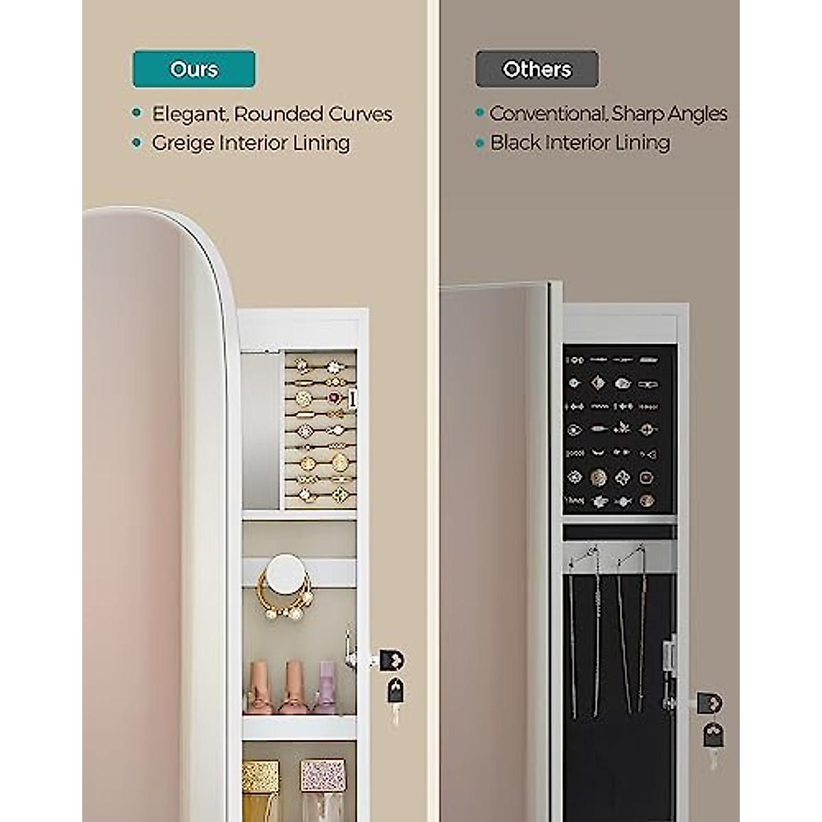 SONGMICS Jewelry Organizer, LED Jewelry Cabinet Wall/Door Mounted, Lockable Rounded Wide Mirror with Storage, Interior Mirror, 3.9 x 16.5 x 42.5 Inches, White Surface with Greige Lining UJJC026W01