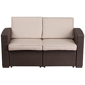 Flash Furniture Seneca Chocolate Brown Faux Rattan Loveseat with All-Weather Beige Cushions