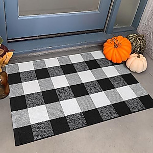 KIMODE Buffalo Plaid Outdoor Rug Doormat 24'' x 35' Black/White Checkered Farmhouse Cotton Woven Indoor Outdoor Rugs, Washable Porch Door Mats for Front Layered Kitchen Bathroom Laundry Room