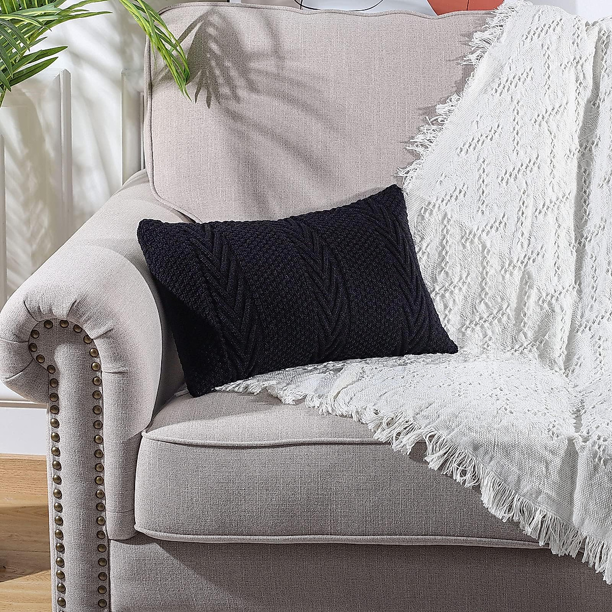 MANDIOO Cotton Knitted Decorative Lumbar Throw Pillow Covers Soft Cozy Outdoor Cushion Cases Luxury Modern Pillowcases for Couch Sofa Bed 12x20 Inches Black