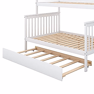 Merax Twin Over Full Bunk Bed with Trundle, Storage Staircase, and Guard Rail, No Box Spring Needed, White