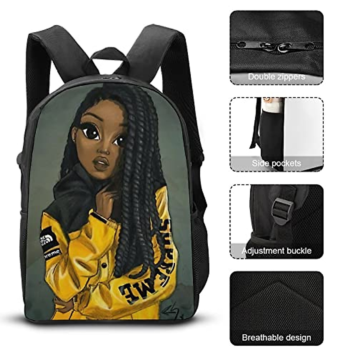 FDASLJ African American Black Girl Backpack 3 in 1 Book Bag Daypack with Lunch Bag/Box Pencil Case