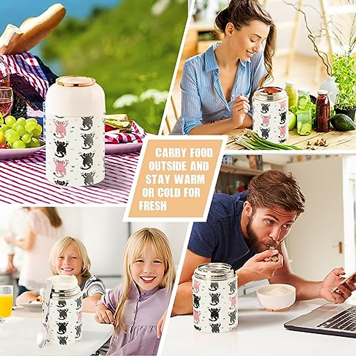 CUPADA Scratch Cats Cartoon Food Jar, Funny Kitten Insulated Hot Food Jars Vacuum 17OZ with Folding Spoon for Work Trip Picnic Camping