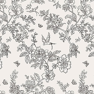 Black and White Floral Wallpaper Peel and Stick Wallpaper Floral Contact Paper 17.7 inch×118.1 inch Floral Removable Self Adhesive Wallpaper Flowers Birds Decorative Wallpaper for Cabinets Walls