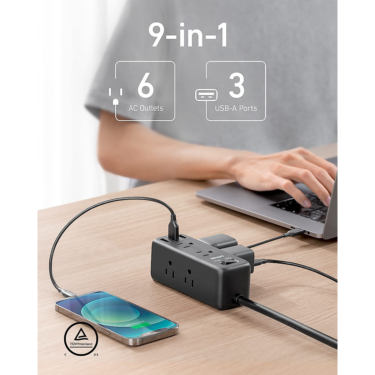 Anker USB Power Strip Surge Protector(300J), 5ft Extension Cord, Flat Plug, 331 Power Strip with ...