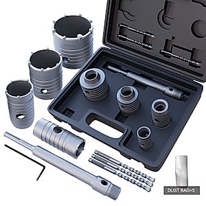 GSTK 10pcs Concrete Hole Saw Set （30mm 40mm 50mm 65mm）with SDS Plus Shank Connecting Rod and 5pcs Dust Catchers, Concrete Hole Saw Kit for Concrete|Cement|Brick Stone|Wall.