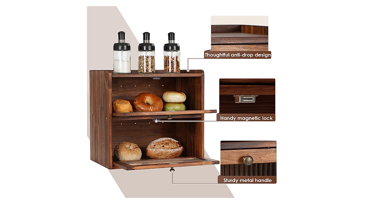 Sunhoo 2-Layer Wooden Bread Box | Keep Bread Fresh, Organize Kitchen