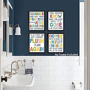 KAIRNE Funny Bathroom Quote Art Print, Set of 4 (8X10, Unframed) Colorful Inspirational Words Painting,Bathroom,Toilet,Washroom Rule Canvas Wall Art