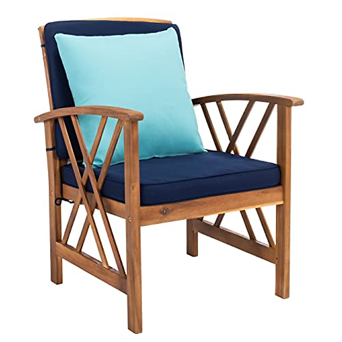 SAFAVIEH Outdoor Collection Fontana Natural/ Navy Cushions/ Blue Pillows 4-Piece Conversation Patio Set