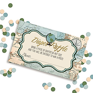 Adventure Awaits World Traveler Gender Neutral Diaper Raffle Tickets for Baby Showers, 20 2" X 3” Double Sided Inserts, Bring a Pack of Diapers to Win Favors & Prizes!
