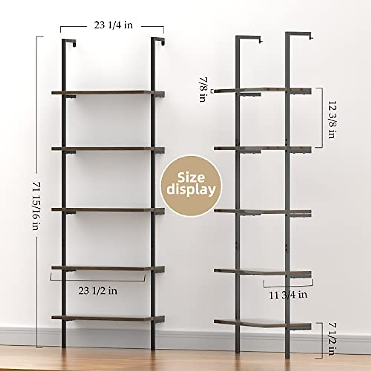 Bevfint 5-Tier Industrial Ladder Shelf Rustic Wall Mounted Metal Frame Bookcases, Multi-Use Open Bookshelf for Storage Organizer Plants Rack for Office and Home, Living Room, Bedroom
