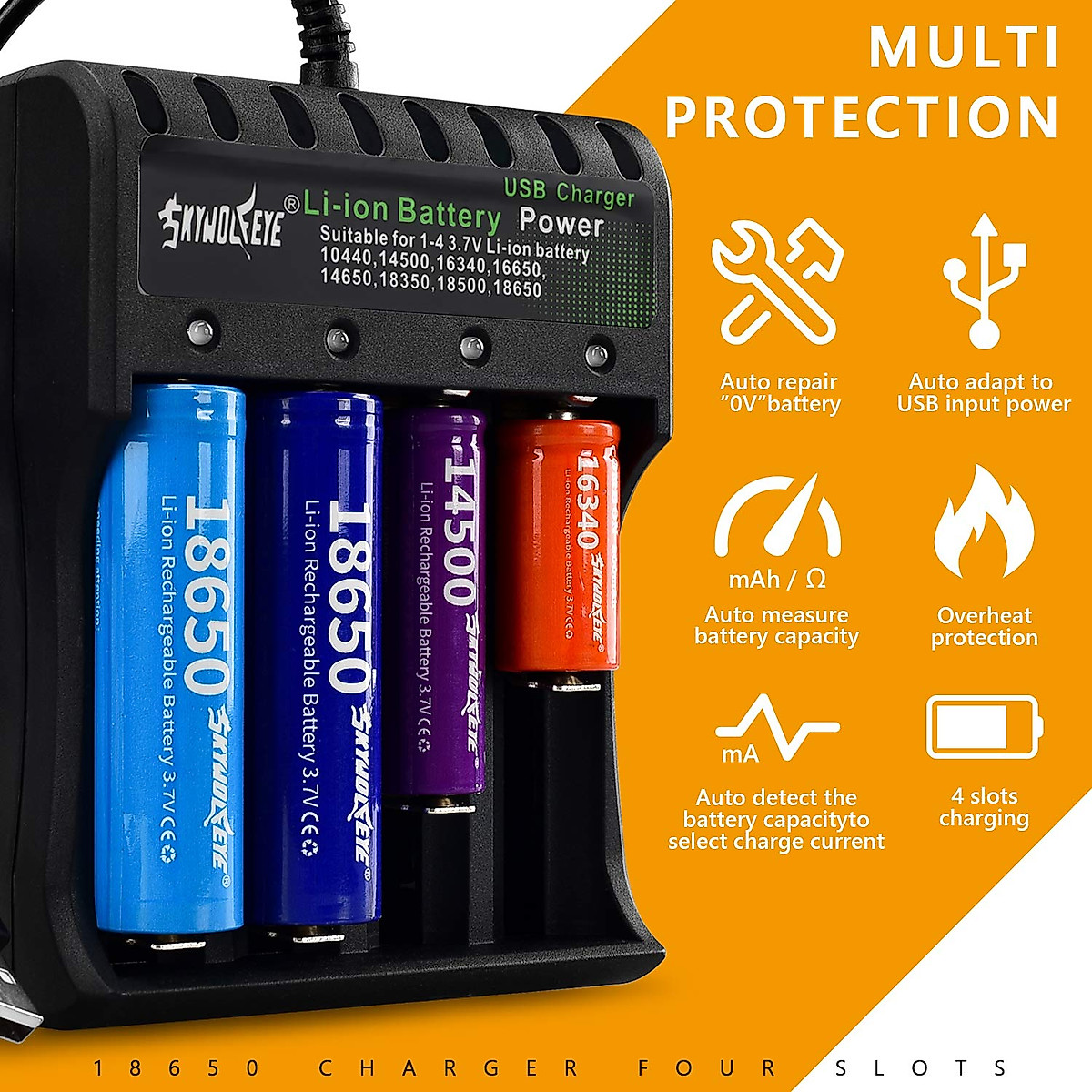 18650 Battery Charger for Rechargeable Li-ion Charger 4-Bay and USB Smart Universal 4 Slot Battery Charger for 10440 14500 16340 18650 26650 18500 17670 (Not Battery)