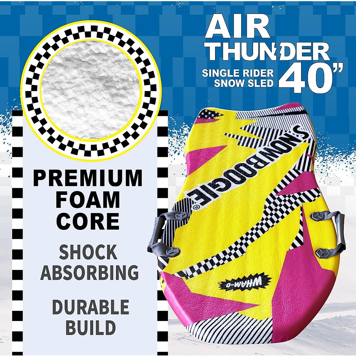 Snowboogie Wham-O Air Thunder 40" | Single Rider Snow Sleds with Side Handles | PE Foam Core for Better Comfort | Snow Sledding for Adults & Children (40 inches) (Yellow Pink)