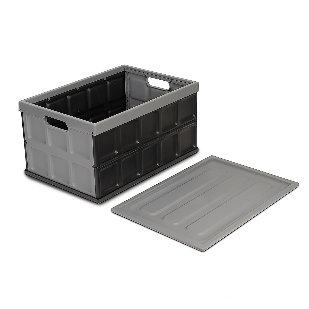 Glad Collapsible Storage Bin with Lid - 48L Foldable Plastic Box for Garage, Car Trunk, and Organization - Stackable Lidded Container with Handles, Grey