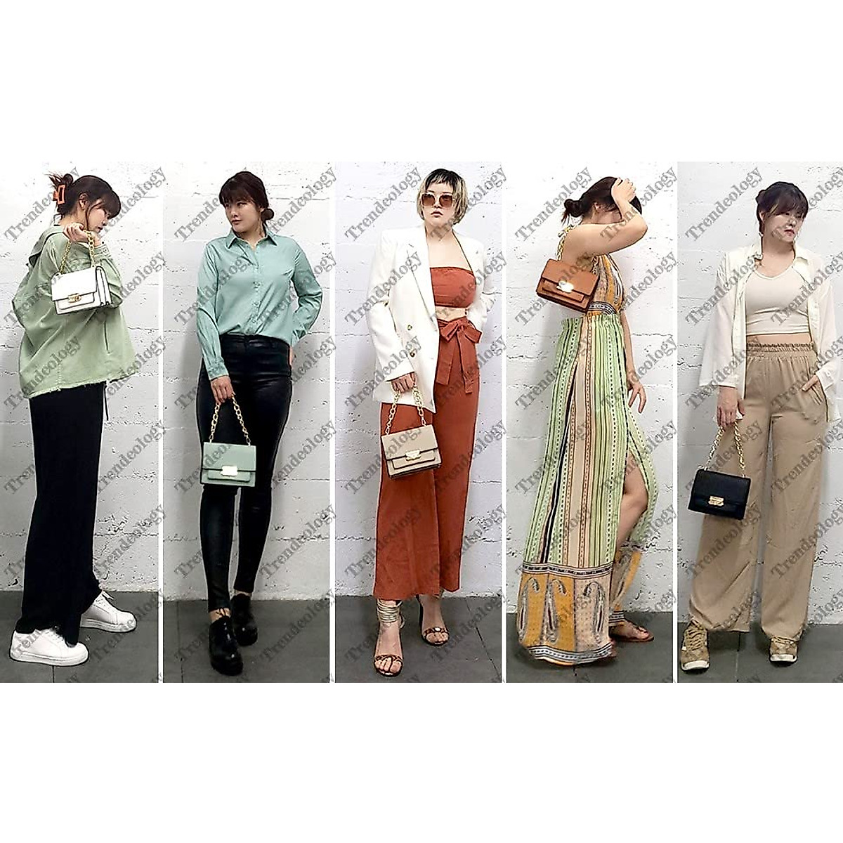 Chain Top-Handle Square Flap Clutch Satchel Vegan Leather Crossbody Purse (Chain Top-Handle - Khaki)