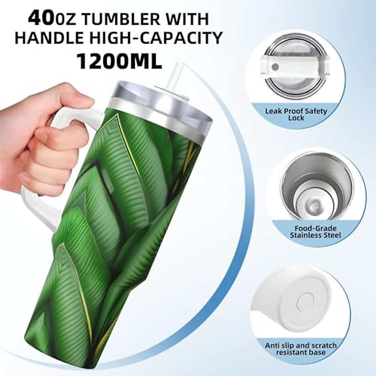 HULIBIN Banana Leaf Green Print Double Deck Stainless Steel Travel Coffee Cup With Lid 40 Oz Ice Bully Cup