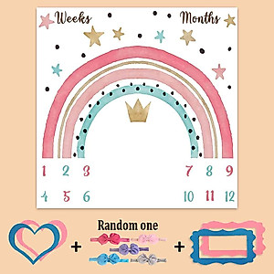 PHMOJEN Colorful Rainbow Baby Monthly Milestone Blanket, Girl Crown Star Pattern, Newborns 1 to 12 Months Unisex Include 4 Frames and 1 Headband 47"x47" BTLSPH634