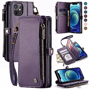 Defencase iPhone 12/12 Pro Case, RFID Blocking iPhone 12 Wallet Case for Women Men with Card Holder, Zipper Pocket Magnetic Flip PU Leather Strap Protective Cover for iPhone 12/Pro Phone Case, Purple