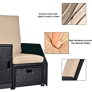 VUYUYU 5PCS Outdoor Wicker Chaise Lounge Chair - Rattan Adjustable Reclining Patio Lounge Chair with Ottoman and Coffee Table, for Patio Beach Pool Backyard (Black Wicker Khaki Cushion)