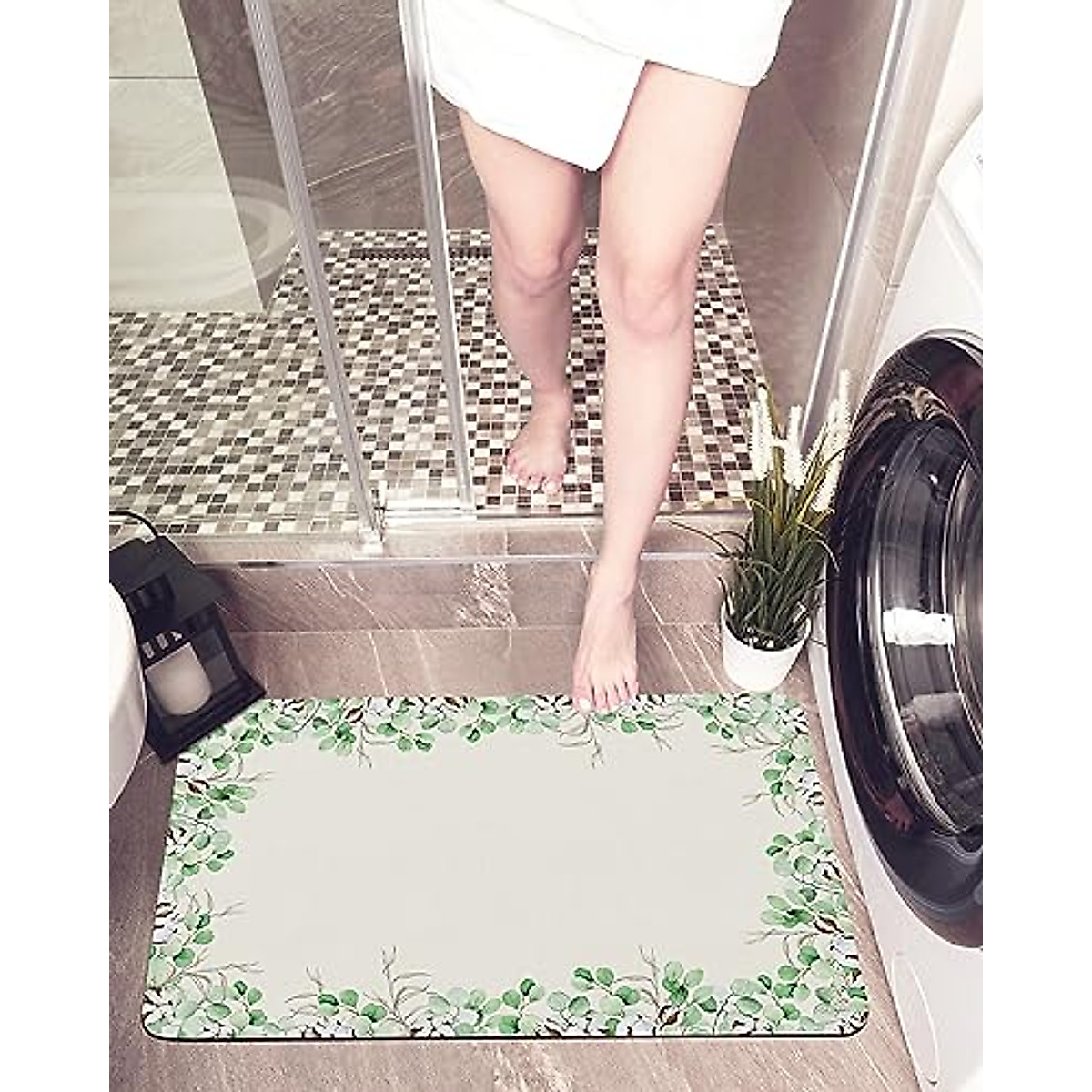 Gogobebe Super Absorbent Diatom Mud Mat Summer Eucalyptus Leaves Watercolor Retro Linen Quick-Drying Thin Bath Mat Non-Slip Bathtub Mat Anti-Skid Rubber Bathroom Shower Mat 16x24in