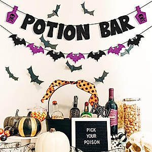 Uniwish Potion Bar Banner Black and Purple Bat Bunting Halloween Decorations Hocus Pocus Witches Party Supplies Decor Halloween Potion Bar Sign