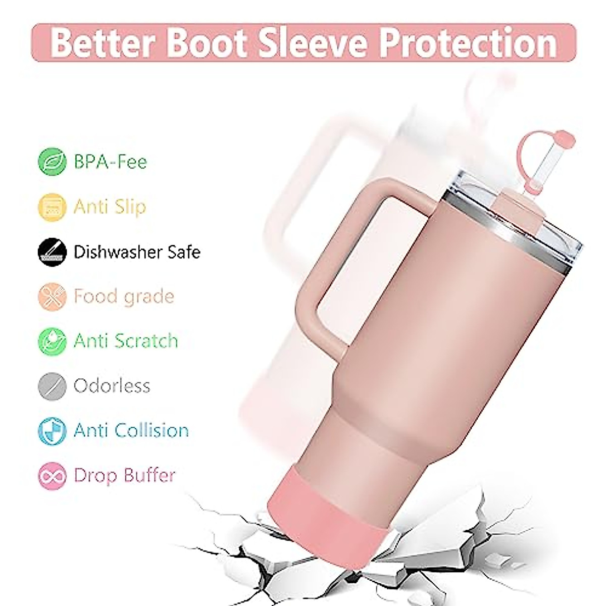 Silicone Spill Proof Stopper Set and Protective Boot for Stanley H2.0 40oz 30oz Tumbler,2 Tumbler Silicone Boot, 2 Straw Cover Cap, 4 Leak Sproof Stopper,Stanley Cup Accessories (pink)