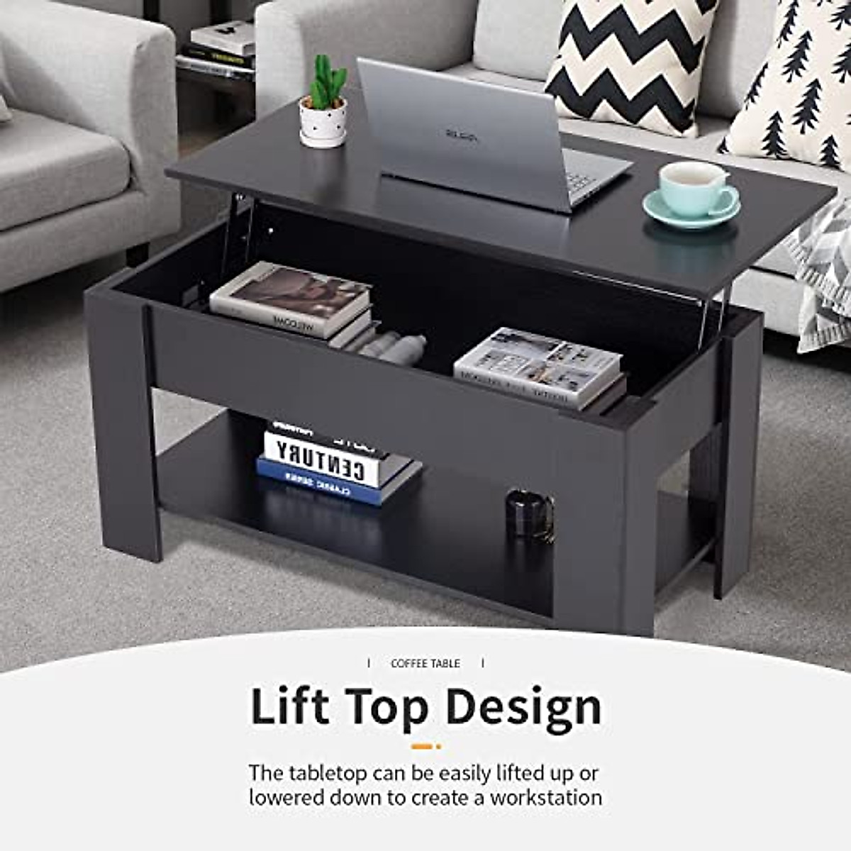 FDW Lift Top Coffee Table with Hidden Compartment and Storage Shelf Wooden Lift Tabletop for Home Living Room Reception Room Office (Black)