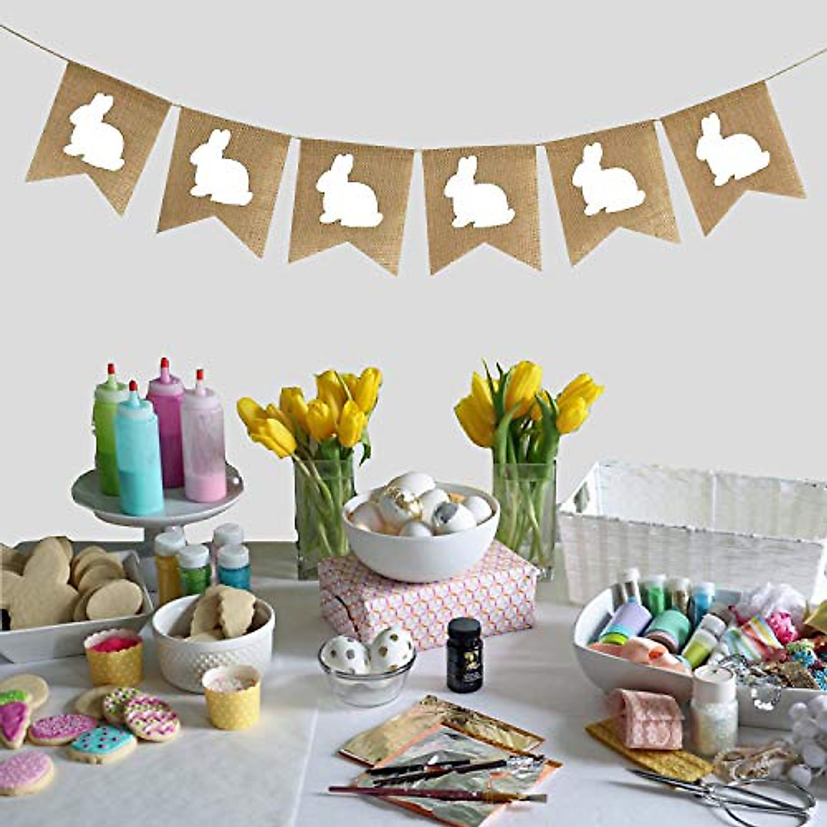 Partyprops Rabbit Burlap Garland | Bunny Burlap Garland | Rustic Easter Decorations | White Rabbits Banner