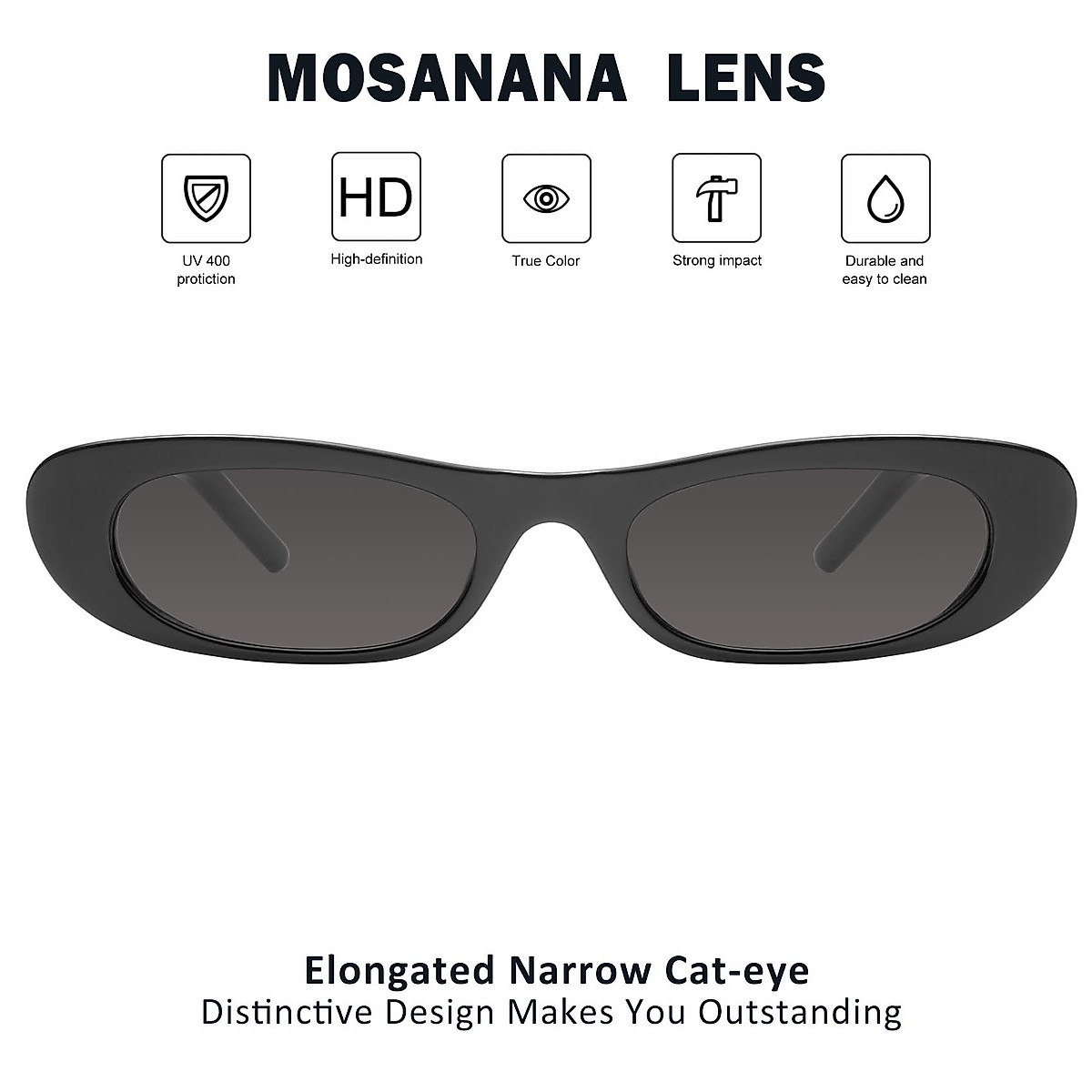 mosanana Elongated Narrow Cat Eye Sunglasses for Women Trendy Fashion Cute Cool Stylish Skinny Oval Black Small 90s 2024 Tiny Petite MS52357