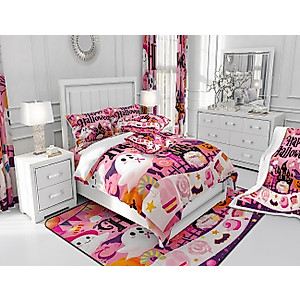 Kawaii Halloween Ghost Duvet Cover Set Full Size,Pink Lovely Cute Ghost Pumpkin Comforter Cover with 2 Pillowcases,Cartoon Dessert Style Happy Holiday Breathable Quilt Cover Set(Not Comforter)