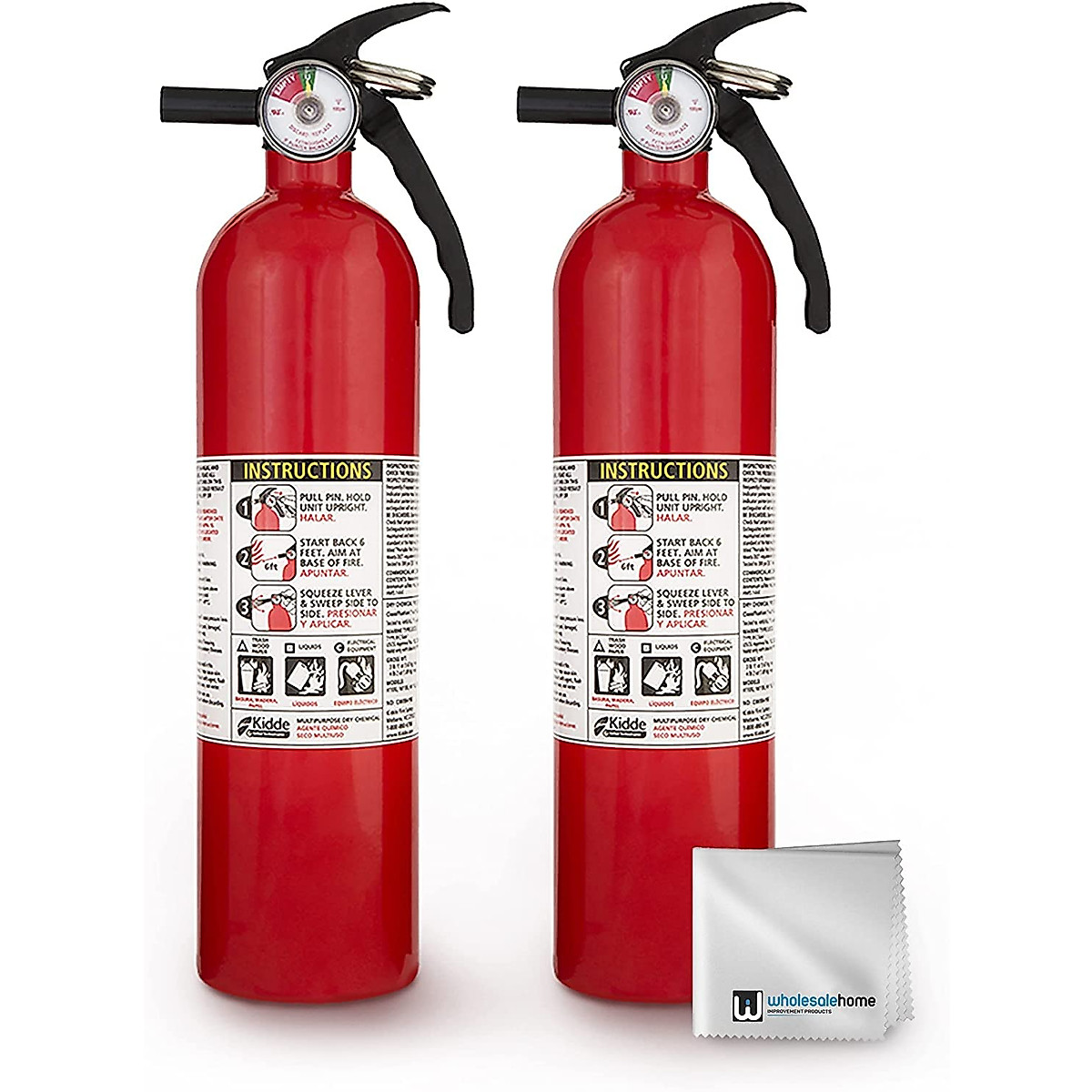Kidde FA110 Multipurpose Fire Extinguishers 2 Pack - Red, (Rating 1-A:10-B:C) Includes Wholesalehome Cleaning Cloth