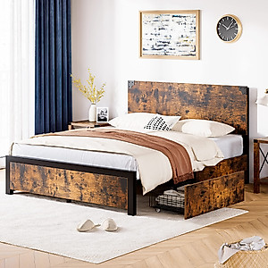 Amyove Queen Size Bed Frame with 4 Drawers, Queen Bed Frame with Storage, Metal Platform Bed Frame with Headboard, Noise Free, No Box Spring Needed-Rustic Vintage
